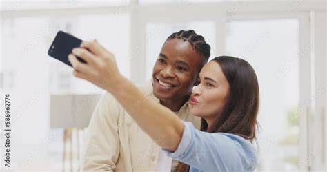 Peace Sign Selfie And Couple Kiss In Home Bonding And Taking Profile