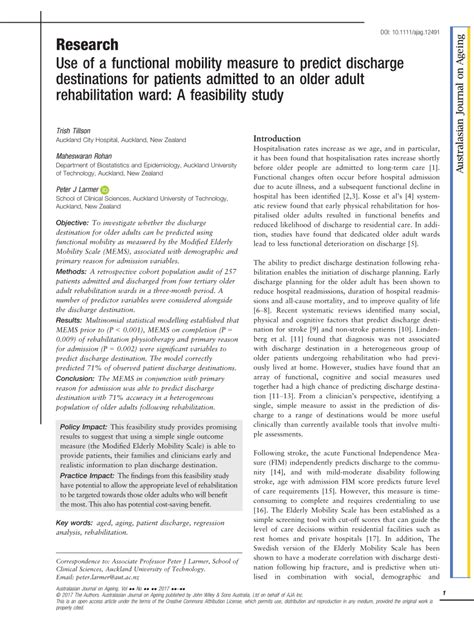 Pdf Use Of A Functional Mobility Measure To Predict Discharge Destinations For Patients