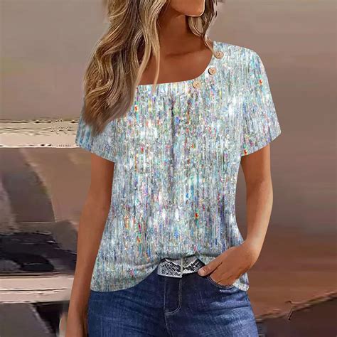 Sksloeg Summer Tops For Women 2024 Short Sleeve Pleated Square Neck