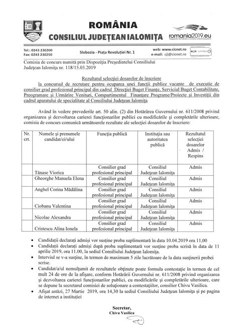 Rezultatul selecţiei dosarelor de înscriere la concursul de recrutare pentru ocuparea unei