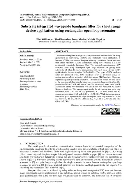 pdf substrate integrated waveguide bandpass filter for short range
