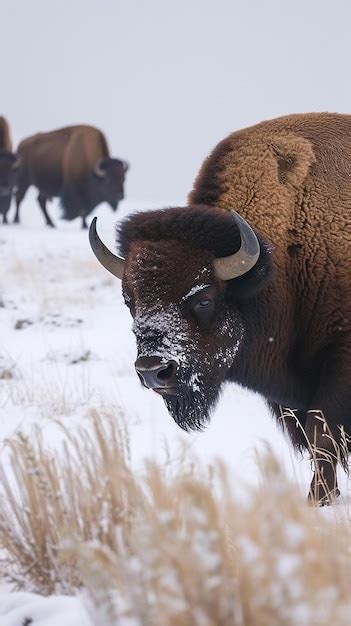Premium Photo Bison Migrating In The Snow In Winter