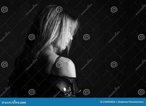 Portrait Of A Woman In A Leather Jacket And Lingerie Black And White
