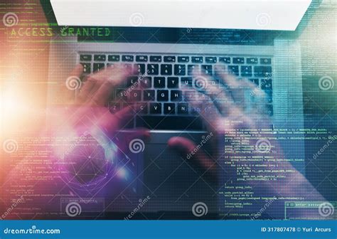 Hands Holographic And Man With Laptop Hacker And Coding With Internet