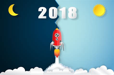 로켓 발사와 구름으로 아침에 맑은 밤에 반달에 비행 개발 프로젝트 또는 비즈니스 2018 년에 종이 예술과 공예 스타일 개념을