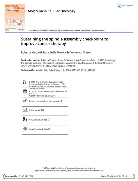 Pdf Sustaining The Spindle Assembly Checkpoint To Improve Cancer Therapy