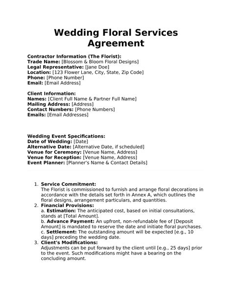 Free Printable Wedding Florist Contract Templates Word Pdf