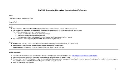 Envr 107 Library Lab Envr 107 Information Literacy Lab Conducting