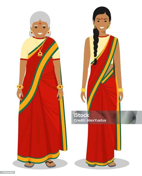 평면 스타일의 흰색 배경에 고립 된 전통 의류에 오래 되 고 젊은 인도 여자를 함께 서 있는 세트 동쪽 드레스에 있는 다른 사람들 벡터 일러스트입니다 개념에 대한 스톡 벡터