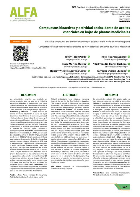 PDF Compuestos Bioactivos Y Actividad Antioxidante De Aceites Esenciales En Hojas De Plantas