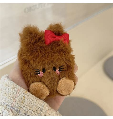 빨간 리본 포인트 브라운 플러시 고양이 냥이 캐릭터 퍼 에어팟 1 2 3 세대 프로 케이스 티몬