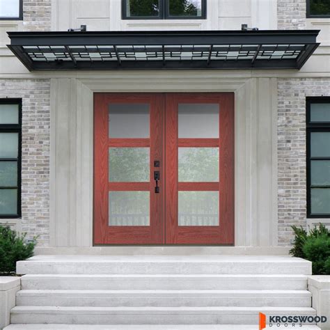 Modern Fiberglass Wood Like Frosted Glass Double Door Krosswood