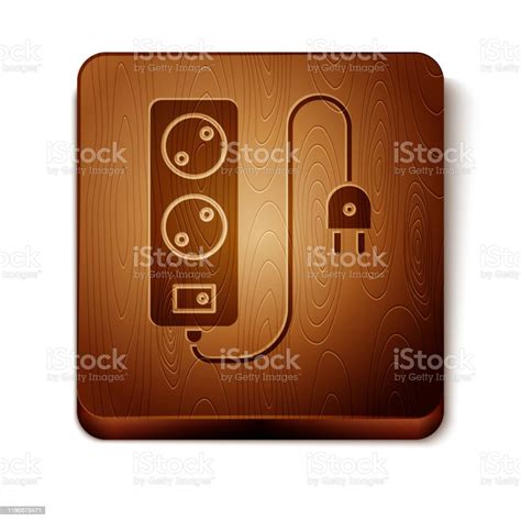 白い背景に隔離されたブラウン電気延長コードのアイコン電源プラグソケット木製の正方形のボタンベクトルイラストレーション つながりのベクター