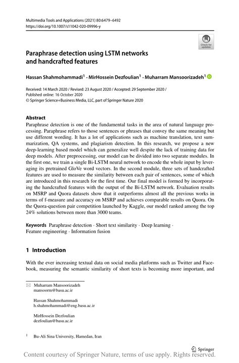 Paraphrase Detection Using Lstm Networks And Handcrafted Features