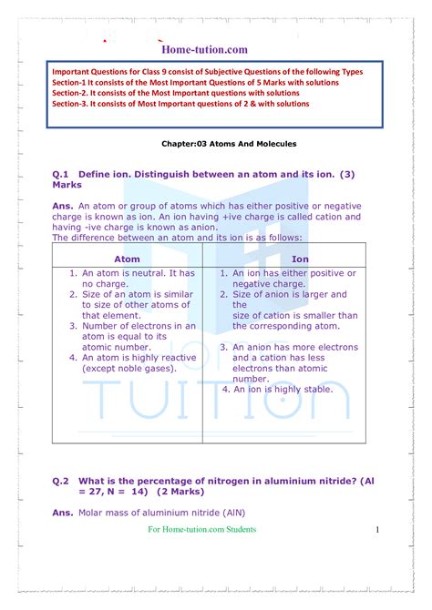Important Questions For Class 9 Science Chapter 3 Atoms And Molecules With Solutions