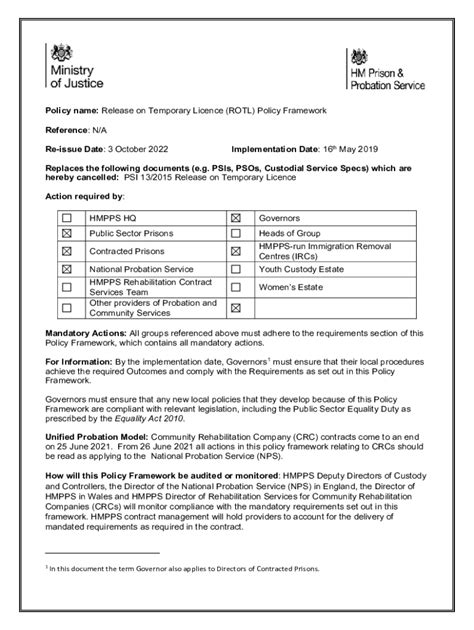 Fillable Online Release On Temporary Licence Policy Framework Rules