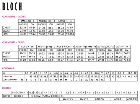 Bloch Size Chart Dancewear Central