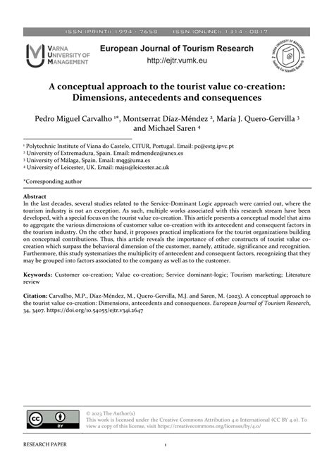 Pdf A Conceptual Approach To The Tourist Value Co Creation Dimensions Antecedents And