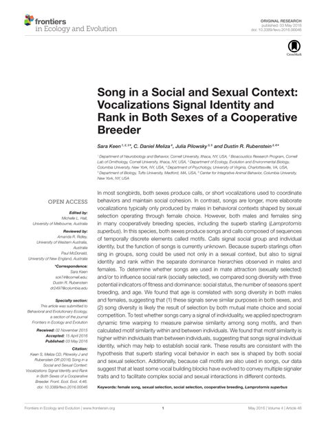 PDF Song In A Social And Sexual Context Vocalizations Signal Identity And Rank In Both Sexes