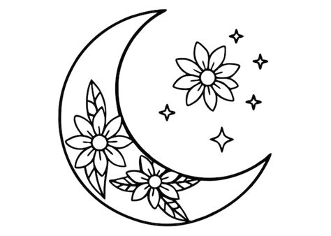Un Dibujo De Una Luna Creciente Con Flores Y Una Estrella En Ella