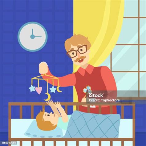 쾌활한 아버지 즐겁게 하는 아기 와 침대 회전 목마 행복한 가족 벡터 일러스트 아기 침대에 대한 스톡 벡터 아트 및 기타 이미지 아기 침대 가구 가족 Istock