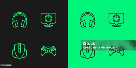 Set Line Game Controller Or Joystick Computer Mouse Headphones And Power Button Icon Vector
