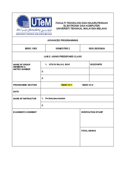 Lab2 2023 2024 Sem2 BERC1353 ADVANCED PROGRAMMING BERC 1353 SEMESTER