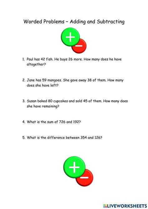 Worded Problems Adding And Subtracting Worksheet Live Worksheets
