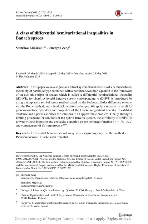 Pdf A Class Of Differential Hemivariational Inequalities In Banach Spaces
