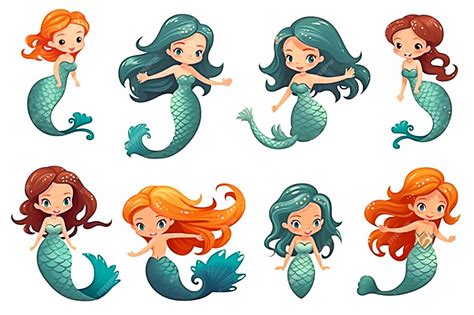 Conjunto De Sereias Fofas E Plantas Marinhas Personagens De Desenhos