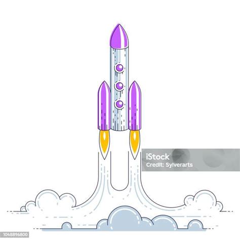 알려지지 않은 공간으로 로켓 발사입니다 우주 숨막히는 공간 과학을 탐구 한다 얇은 선 3d 벡터 그림은 흰색 절연입니다 과학에