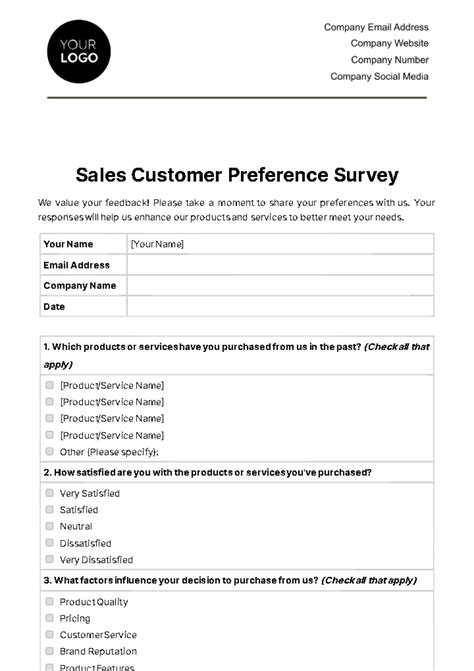 Free Sales Customer Preference Survey Template To Edit Online