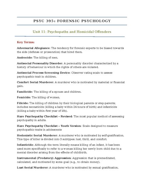 PSYC 395 Unit 11 Notes PSYC 395 FORENSIC PSYCHOLOGY Unit 11