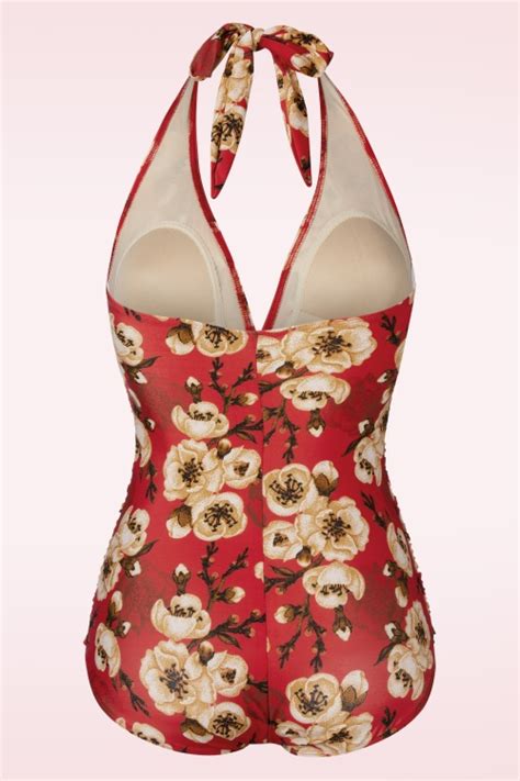 Bettie Page Swimwear Blossom One Piece Halter Swimsuit En Rouge