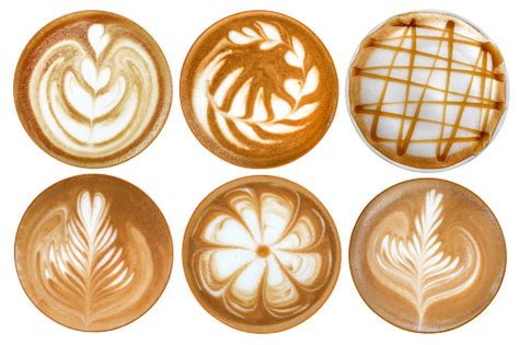 뜨거운 커피 카푸치노 라 떼 아트 거품의 상위 뷰 설정에 고립 된 흰색 배경 라떼에 대한 스톡 사진 및 기타 이미지 라떼 예술 갈색 Istock