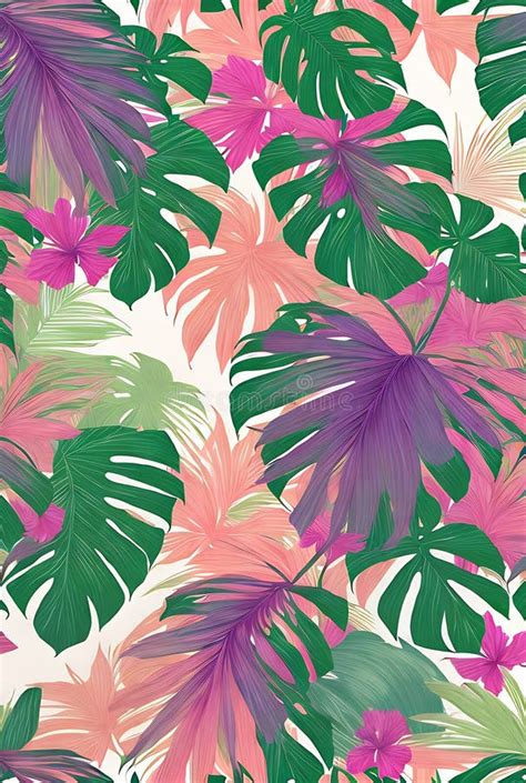 Tropical Leaves And Flowers On Stem Pattern Stock Illustration