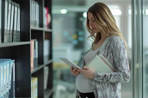 Woman Holding Folder In Front Of Bookshelf Premium Ai Generated Image
