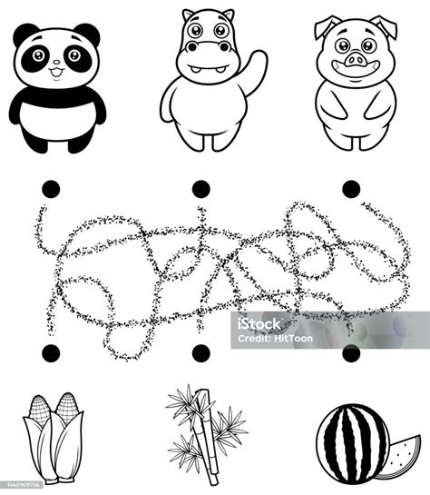 어린이를위한 만화 미로 게임 교육은 팬더 하마 및 돼지가 음식에 도달하는 데 도움을줍니다 0명에 대한 스톡 벡터 아트 및 기타 이미지 Istock