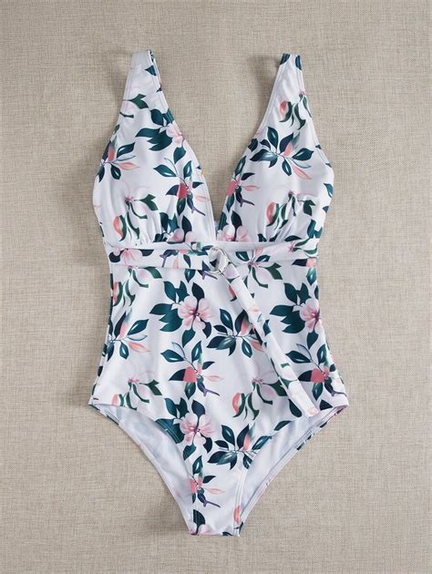 SHEIN Swim Maiô Floral e de Folhas de Impressão Nó Peça Única SHEIN Brasil
