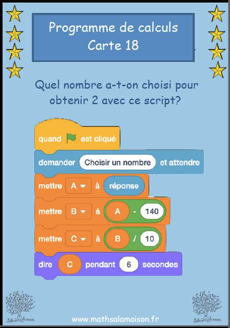 6e Jeu scratch débranché programmes de calculs Maths à la maison