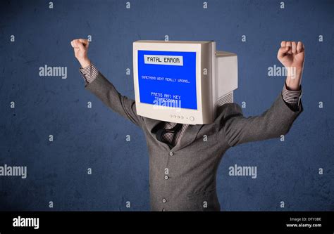 Person With A Monitor Head And Fatal Error Blue Screen On The Display