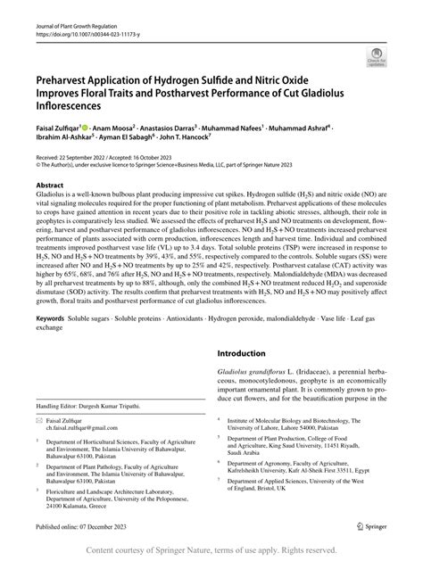 Preharvest Application Of Hydrogen Sulfide And Nitric Oxide Improves