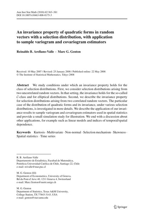 Pdf An Invariance Property Of Quadratic Forms In Random Vectors With A Selection Distribution