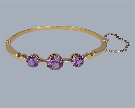Victorian Amethyst Antique Bangle 3 Beautiful Gems In 18ct Gold