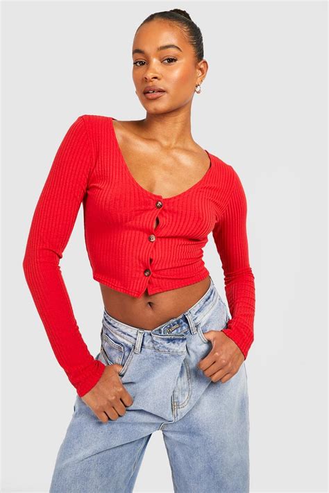Womens Tall Soft Rib Button Up Crop Jumper Boohoo Uk