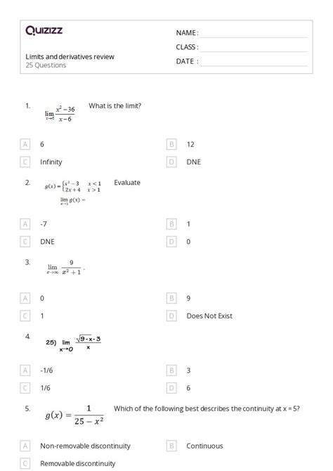 50 limits and continuity worksheets on quizizz free and printable