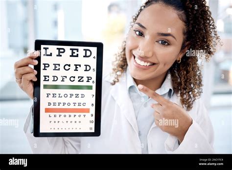 Optometry Chart Tablet And Portrait Of Doctor In Hospital For Vision