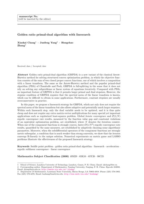 Pdf Golden Ratio Primal Dual Algorithm With Linesearch