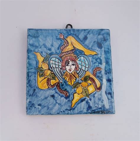 Sicilian 15x15 Tile Hand Decorated With Trinacria Decoration Etsy