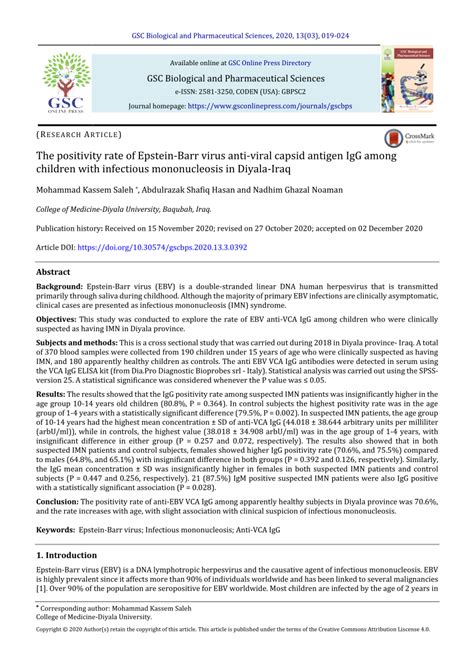 Pdf The Positivity Rate Of Epstein Barr Virus Anti Viral Capsid
